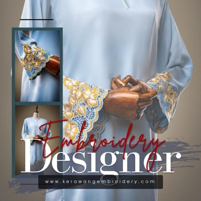 Baju Pengantin Kurung Pahang Sulam Goyang Motif Bunga Raya