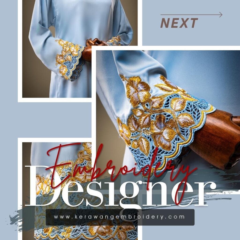 Baju Pengantin Kurung Pahang Sulam Goyang Motif Bunga Raya