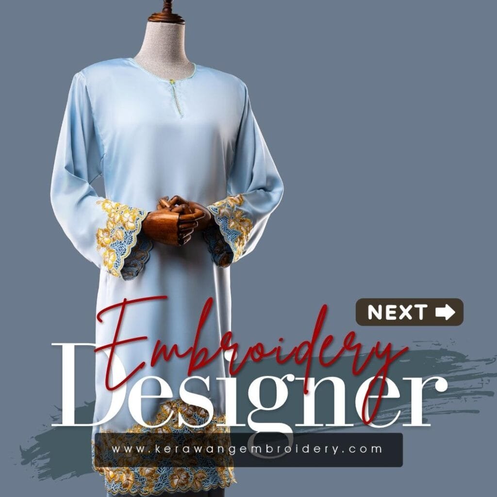 Baju Pengantin Kurung Pahang Sulam Goyang Motif Bunga Raya