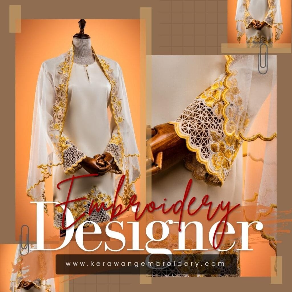 Baju Kurung Pahang Sulam Goyang Kerawang Bunga Orkid Dengan Kerawang Pagar