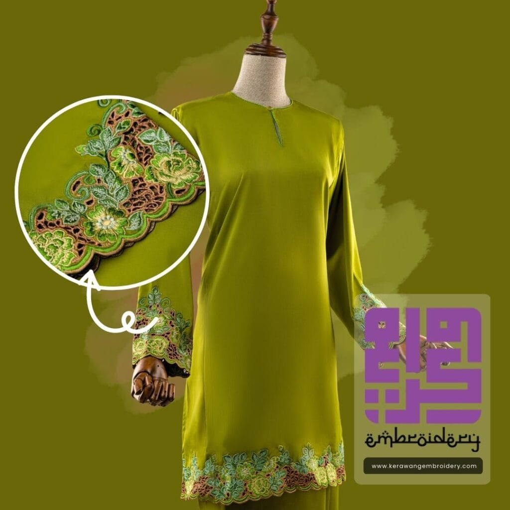 Baju Kurung Tradisi Dengan Sulam Goyang Kerawang Motif Bunga Sakura dan ...