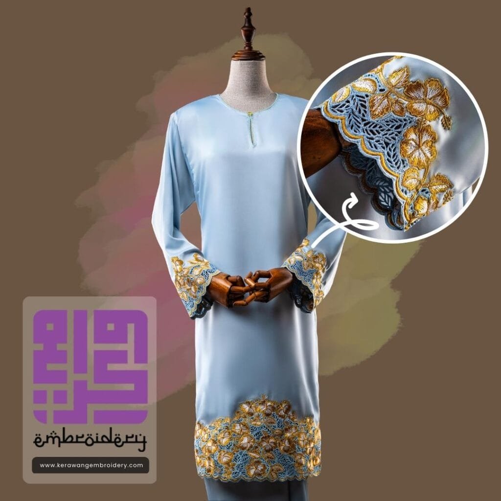 Baju Pengantin Kurung Pahang Sulam Goyang Motif Bunga Raya