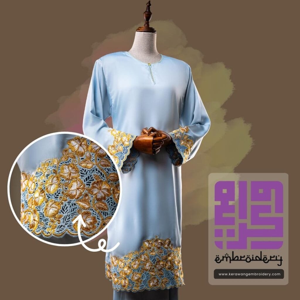Baju Pengantin Kurung Pahang Sulam Goyang Motif Bunga Raya