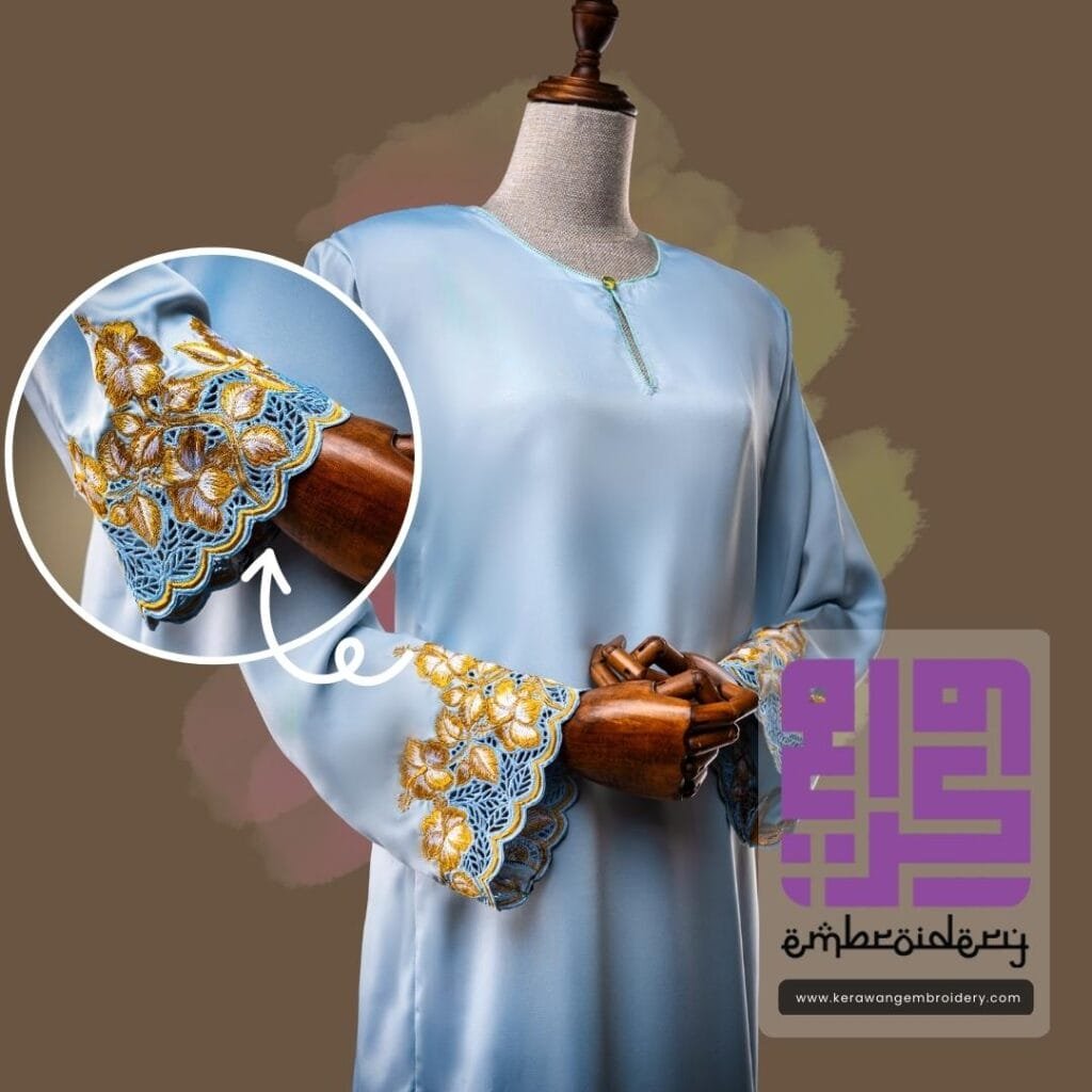 Baju Pengantin Kurung Pahang Sulam Goyang Motif Bunga Raya
